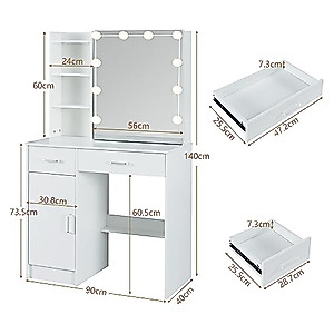 Buildonely Modern Dressing Table Set with Lighted Mirror and Large Tabletop, Vanity Desk Set LED Makeup Table with Touch Screen and Chair for Bedroom, Home, Girls. Women. White