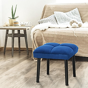 HOUCHICS Soft Vanity Stool Blue Ottoman Stool, Square Makeup Stool with Wooden Legs, Small Ottoman Stool Chair for Vanity, Modern Padded Sofa Seat Foot Rest Stool(Blue)