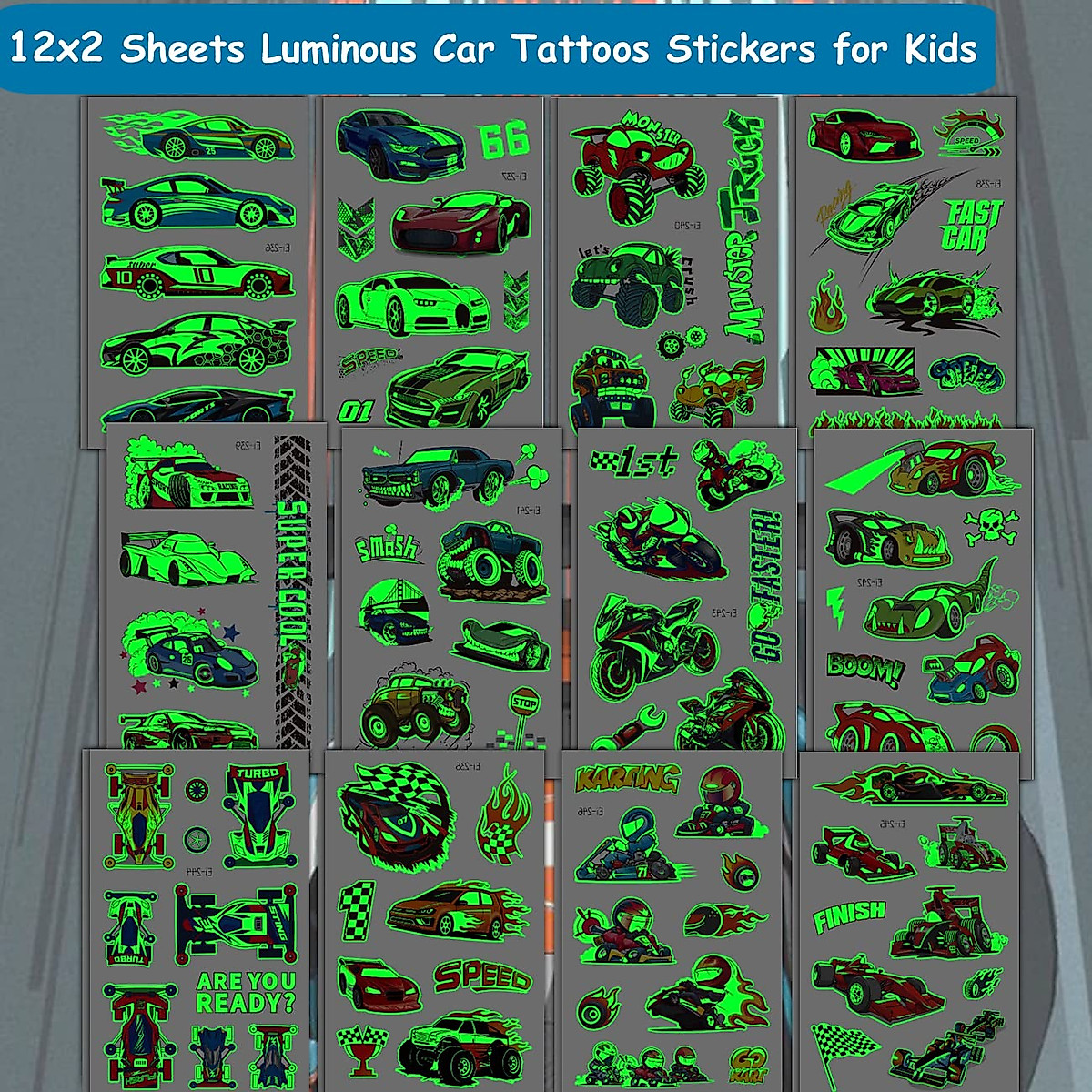CHARLENT Luminous Race Car Tattoos for Kids - 24 Sheets Glow in The Dark RaceCar Temporary Tattoos for Boys Birthday Party Favors Goodie Bag Fillers