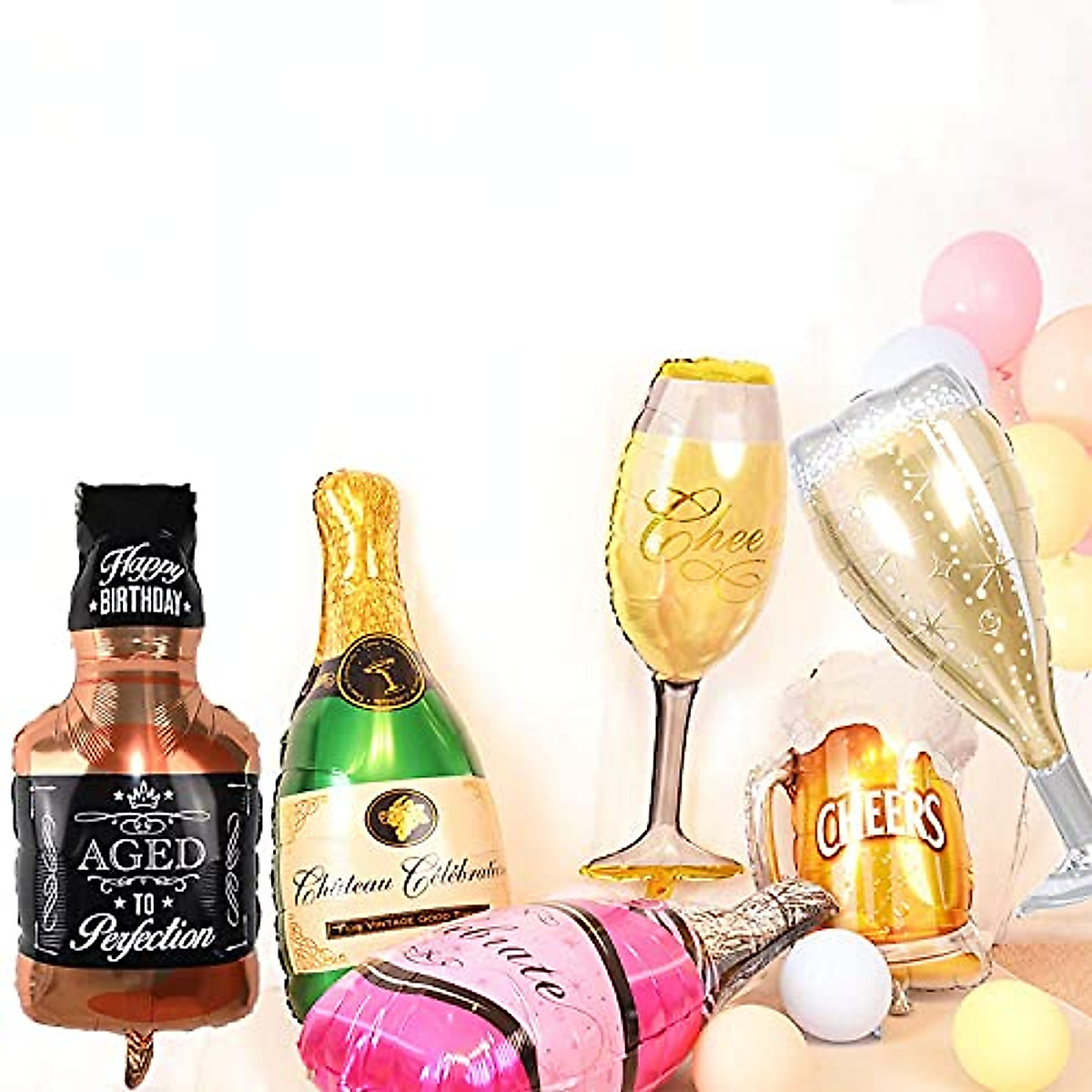 Giant Champagne Bottle Balloons 40'' Wine Goblet glass Sparkling Wine Glass Beer Cup Foil Whiskey Bottle Balloon Decoration for Bar Party Oktoberfest Birthday Baby Shower Festival Celebrations Party Supplies 6PCS