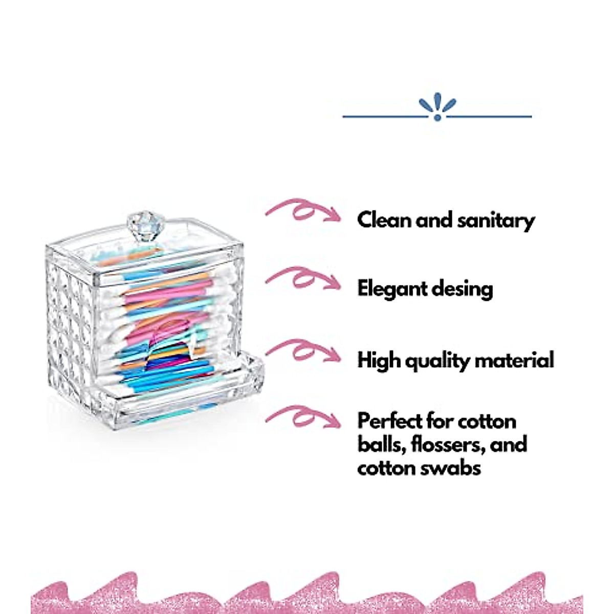 Bremen Home Acrylic Cotton Swab Holder, Diamond Design Qtip Dispenser Countertop Storage Organizer Box Jars for Bobby Pins, Cotton Balls, Makeup, Small Bathroom Accessories, Boxed