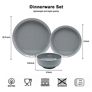 12 Pcs Melamine Dinnerware Sets, Plates and Bowls Sets, Dishes Set for 4, Melamine Plates, Outdoor Dinnerware Set, Lightweight, Unbreakable, Dishwasher Safe,BPA Free (Grey）
