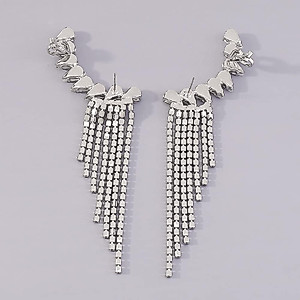 Denifery Long Tassel Dangle Earring Geometry Rhinestone Earrings Sparkling Crystal Drop Earrings for Women Girls (Silver)