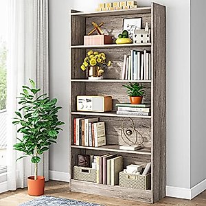 Tribesigns 72-inch Tall Bookcase, Industrial 6-Tier Gray Library Bookshelf with Storage Shelves, Large Open Bookcases Wood Display Shelving Unit for Bedroom Living Room Office, Floor-Standing (Gray)