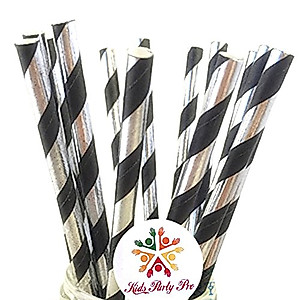 100 pcs Black Silver Foil Striped Paper Straws, Shiny Metallic Foil Stripe Party Drinking Paper Straws Bulk, Birthday Graduation Wedding Holiday New Year Cake Pop Sticks