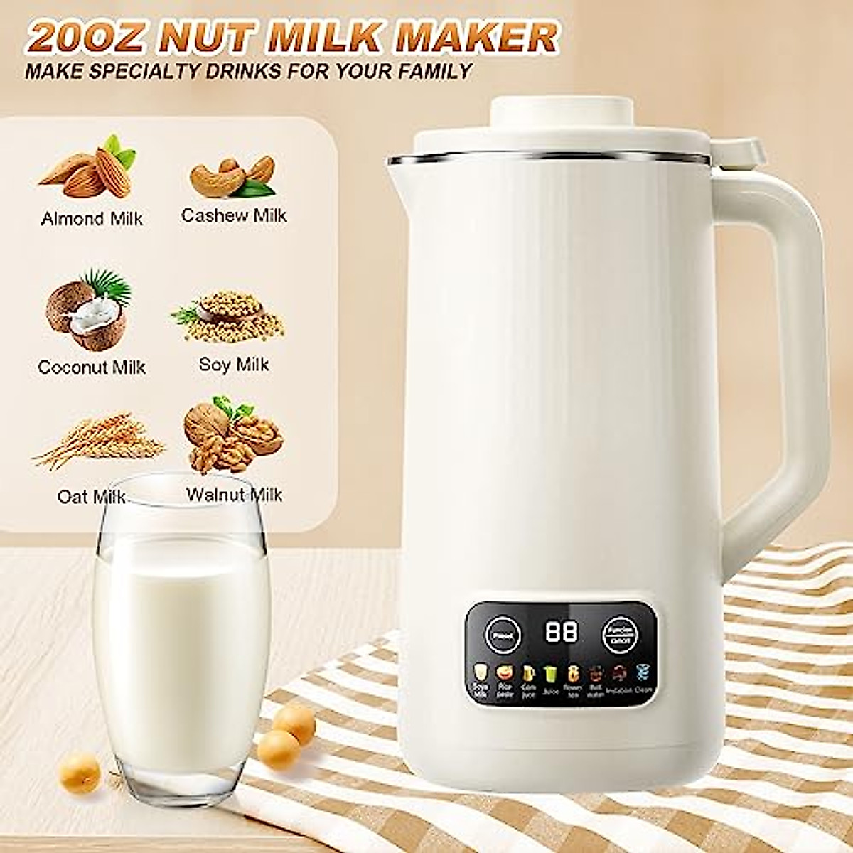Nut Milk Maker Machine,20 Oz Automatic Cleaning Soy Milk maker with 8 Modes and 10 Leaf Blades,Homemade Almond, Oat, Soy, Etc Grain, Almond Milk Maker Machine with Delay Start Free Filtering and Keep Warm (White)
