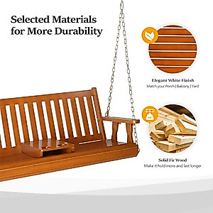 VINGLI Heavy Duty 880 LBS Wooden Patio Porch Swing with Cup Holder, 5 FT Well-Finished Outdoor Swing Chair Bench with Adjustable Chains for Porch, Yard, Balcony, Tree