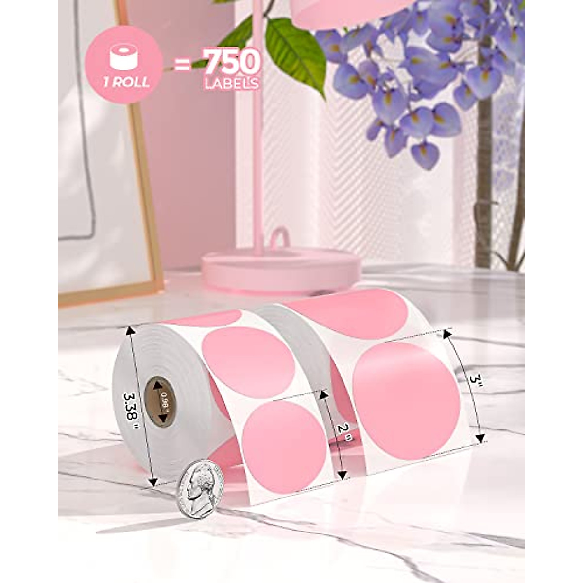 MUNBYN 2 Inch Pink Circle Thermal Sticker Labels, Pink Label Holder for Rolls and Fan-Fold Labels, 2.25 Inch x 1.25 Inch Direct Thermal Labels, Pink Label Printer