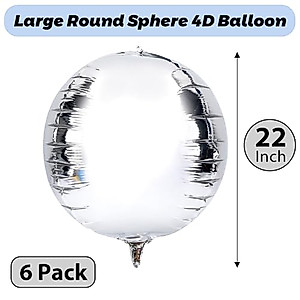 RUBFAC Silver Balloons 22 Inch, 6pcs 4D Round 360 Silver Chrome Balloon Silver Foil Balloon for Bachelorette Party Decorations, Silver Metallic Balloons for Baby Shower, Birthday and More