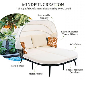 Merax 74.8" L Outdoor Daybed with Retractable Canopy Mattress Included, Patio Rattan Back Loveseat Sofa, Day Bed Throw Pillows and Cushions Set for Backyard, Poolside, Garden, Beige