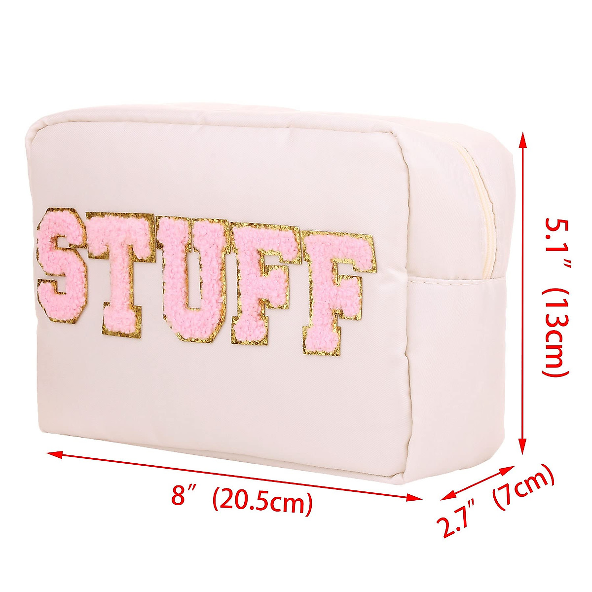 oaesc Nylon Cosmetic Bag Chenille Letter Patches Waterproof Travel Pouch Snack Makeup with Wrist Strap for Women (Beige-STUFF)
