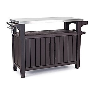 Keter Unity XL Portable Outdoor Table and Storage Cabinet w/ Accessory Hooks, Stainless Steel Top for Patio Kitchen Island or Bar Cart, Espresso Brown