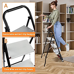 2 in 1 Aluminum Hand Truck & Ladder 3 Step Ladder Step Stool for Adults with Wide Anti-Slip Pedal and 6’’ Rubber Wheels 330lbs Capacity Sturdy Steel Ladder Portable Steel Step Stool Dolly