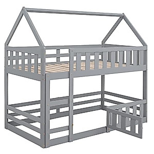 DRELOFT Twin Over Twin Floor Bunk Bed with Roof, Twin Low House Bunk Bed Frame with Ladder, Fence and Door for Kids Teens Boys Girls, Easy Assembly, Gray