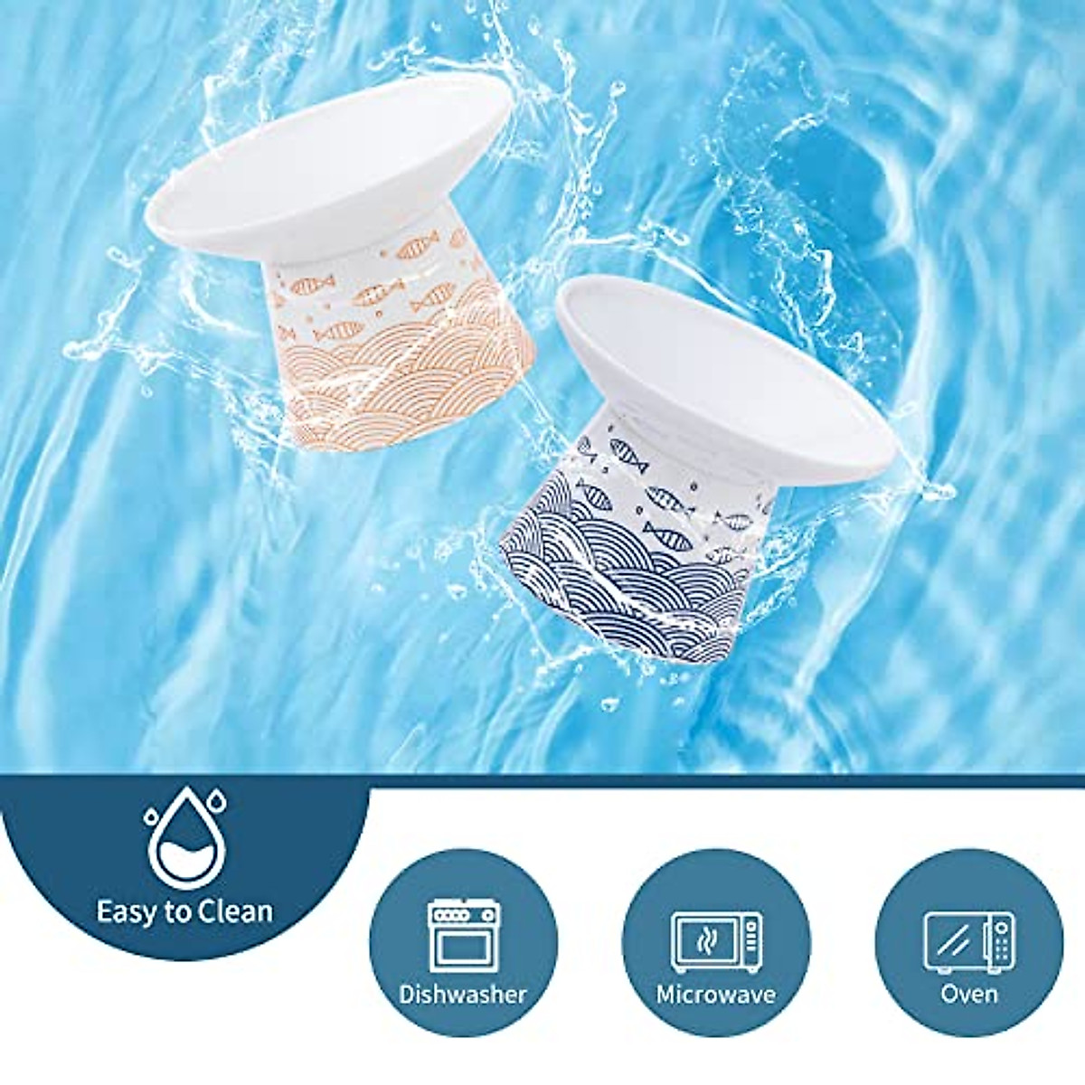 6.25 Inch Extra Wide Raised Ceramic Cat Bowls, Round Food and Water Bowls for Elder Big Cats and Small Dogs, Elevated Heavy Sturdy Base Pet Feeder Dish, Stress Free, Protect Cat's Spine, Set of 2