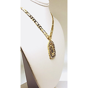 Gold Plated Virgin Mary Pendant Necklace Figaro 26" Virgen de Guadalupe Medalla Oro Laminado