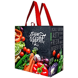 Earthwise Reusable Grocery Shopping Bags Extremely Durable Multi Use Large Stylish Fun Foldable Water-Resistant Totes Design - Chalkboard Veggies (Pack of 5)