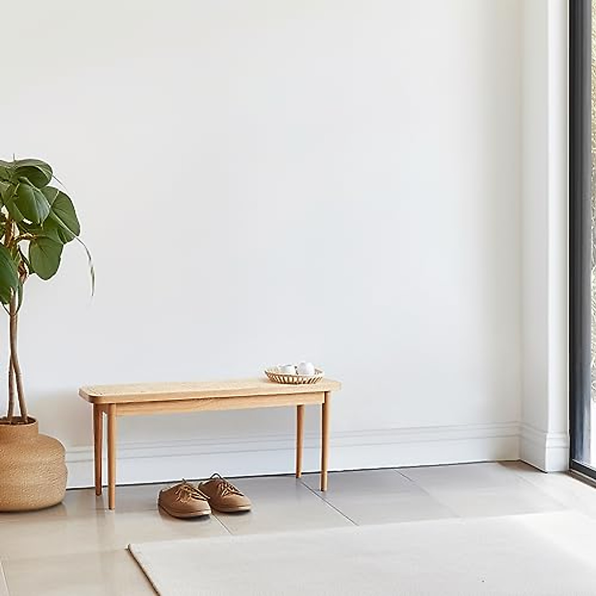 Grewood Wood Dining Bench,100% Natural Solid Oak Bed Bench with Rattan Design, Rounded Edge, Bench for Entryway Hall, Dining Room,Bedroom, Living Room (Natural Color, 31.49 inch)