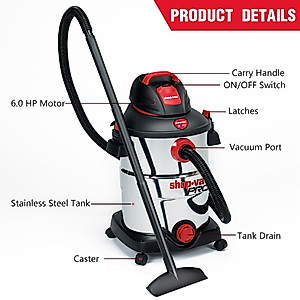 Shop-Vac 12 Gallon 6.0 Peak HP Wet/Dry Vacuum, Stainless Steel Tank, 3 in 1 Function Portable Shop Vacuum with Attachments, Drain Port, Ideal for Jobsite, Garage & Workshop. 5926211