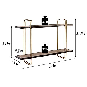 Oakrain Floating Shelves Wood, 32" Industrial Wall Shelves with Metal Frame for Bedroom, Living Room, Bathroom, Kitchen, Bar, Gold