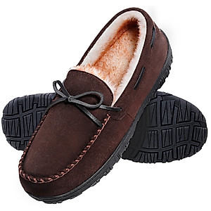 shoeslocker Men's Slippers Warm Soft Plush Memory Foam House Slippers for Men Comfortable Bedroom Moccasin Slippers Non-Slip Indoor Outdoor Brown Size 14