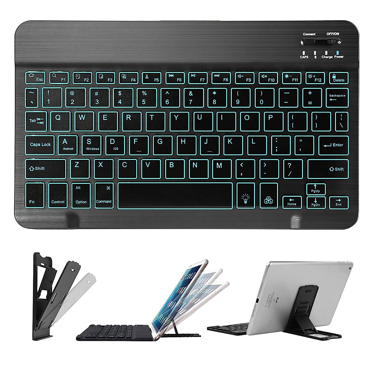 Coastacloud Ultra Slim Backlit Wireless Bluetooth Keyboard, Universal Portable 7-Colors Backlit Rechargeable Keyboard with Stand for iPhone Samsung iOS Android Windows Tablets Phones