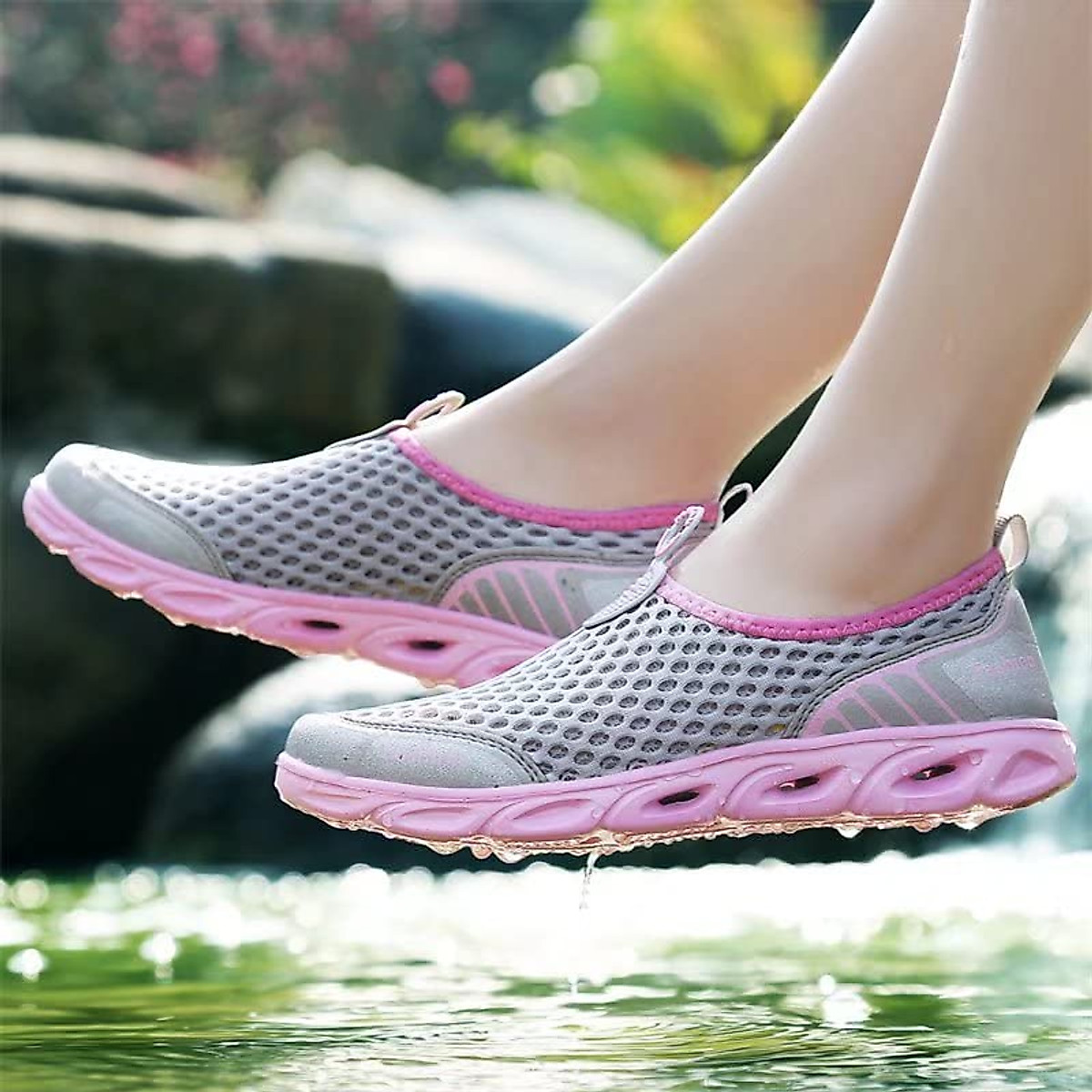 Zonkacen Man Woman Casual Athletic Breathable Quick Drying Upstream Shoes for Outdoor Fishing Water Beach River Sea Boat Aqua Swimming Holiday Gray Pink 7.5 Men/9 Women