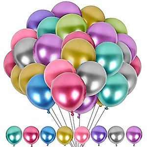 FYY Party Balloon, 50 PCS 10in Metallic Latex Balloons, Assorted Color Decoration Balloons Kit for Birthday, Wedding, Christmas Party, Including Mixed Color - Gold, Red, Blue, Purple, Silver and Green