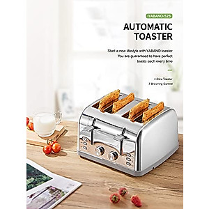Toaster 4 Slice, Extra Wide Slots, Stainless Steel with High Lift Lever, Bagel and Muffin Function, Removal Crumb Tray, 7-Shade Settings with Warming Rack, Silver, Yabano