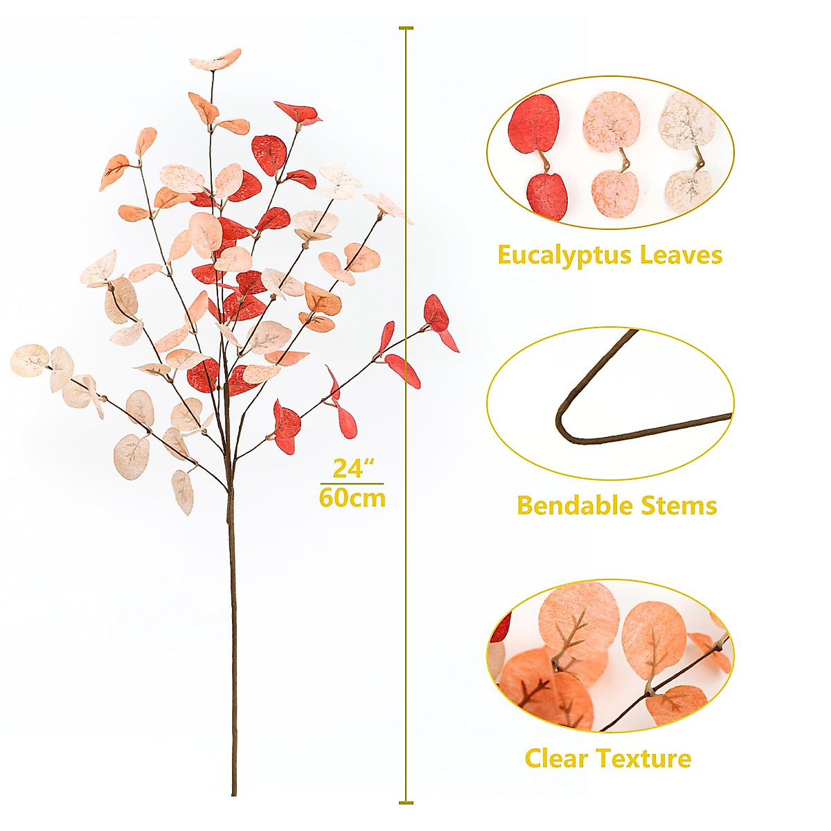 YIGHAI 6PC Fall Fake Eucalyptus Stems 24" Faux Silk Silver Dollar Leaves Branches Autumn Decor Artificial Plants Stems for Festival Thanksgiving Home Office Table Vase Decor