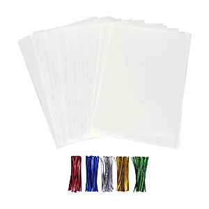 50Pcs Cellophane Bags, Cello Cellophane Treat Bags 4x6 Plastic Gift Bags for Packaging Cookies, Pretzel Rod, Sandwich, Candy, Chocolate, Clear Party Favor Bags with Ties
