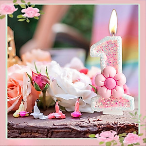 Zi Lan Birthday Candle for Girl, Pink Gerbera Daisy Flower 1st Birthday Party Decorations, Number 1 Cake Candle, Pink Sequin Birthday Cake Toppers for Baby Shower Anniversary Party Celebration supplie