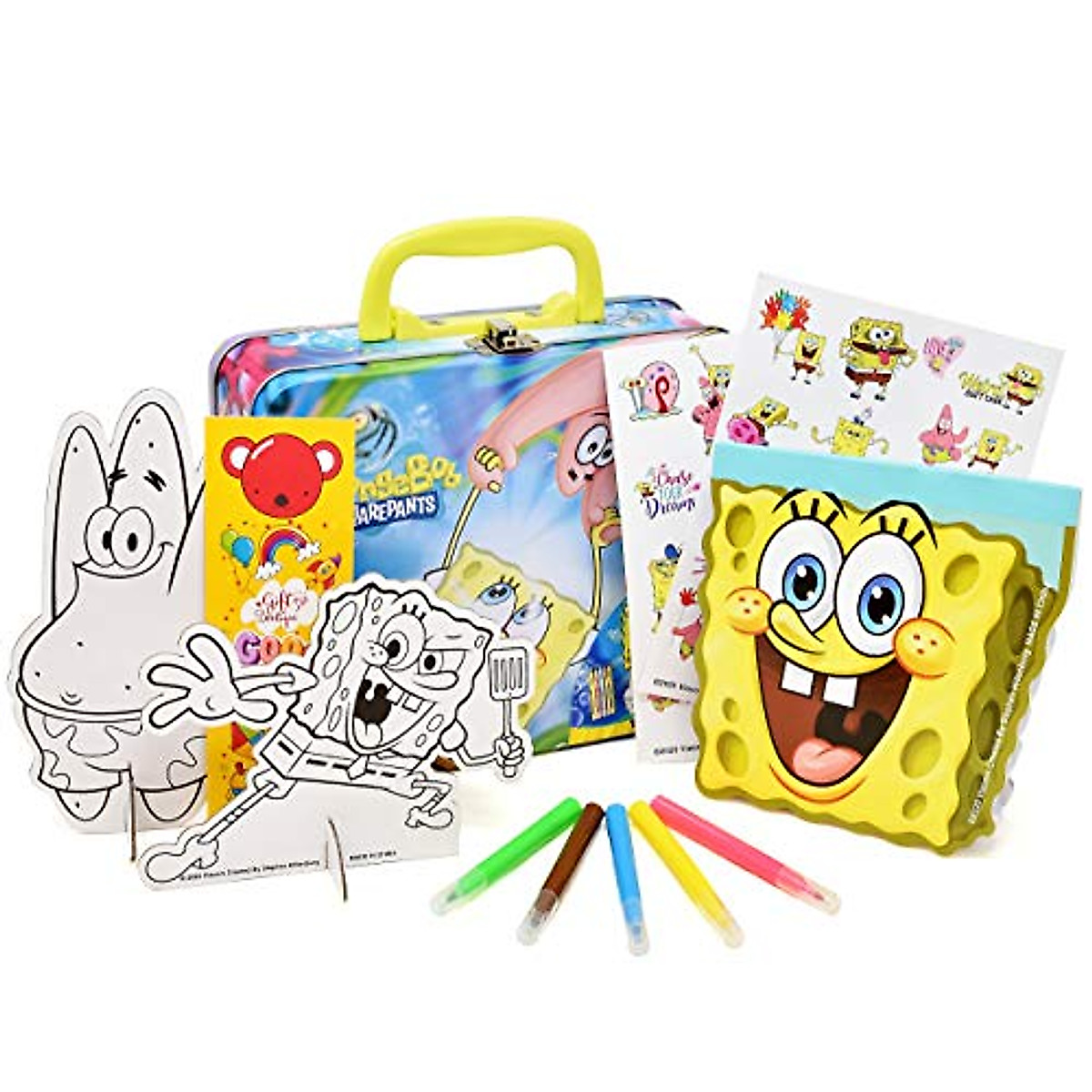 Gift Boutique SpongeBob Squarepants Coloring and Activity Tin Box, Crayons Stickers Mess Free Craft Kit for Toddlers Boys Girls Kids, Bookmark Included