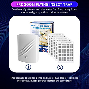 Frogoom Flying Insect Trap, Fruit Fly Traps for Indoors Gnat, Mosquito, Moth and Housefly, Plug-in Bug Light UV Attractant Catcher Fly Traps Indoor for Home Office - No Odor (1 Device + 5 Glue Cards)