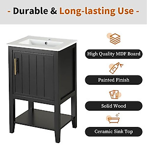 20" Bathroom Vanity Cabinet with Ceramic Sink Top Set, Freestanding, Two-Tier Storage Rack, Soft Closing Door, Black