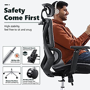 Memobarco Office Chair, Ergonomic Office Chair with Lumbar Support, Adjustable Seat Depth, Headrest, Armrests, Tilt Function, Mesh Executive Office Chairs for Home, Meeting, Conference, Hotel, Gray