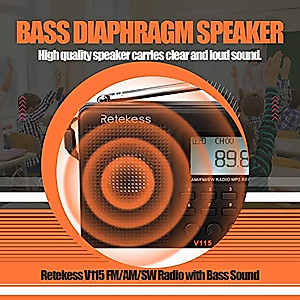 Retekess V115 Digital Radio AM FM, Portable Shortwave Radios, Rechargeable Radio Digital Tuner and Presets, Support Micro SD and AUX Record, Bass Speaker