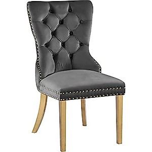 Meridian Furniture Carmen Collection Velvet Upholstered Dining Chair with Sturdy Gold Metal Legs, Set of 2, Grey