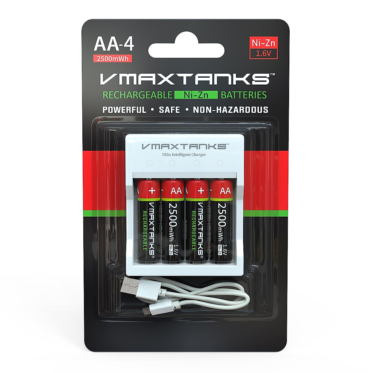 VMAX AA-4CH Ni-Zn Rechargeable AA 4 Pack Batteries for High Drain Devices + Charger 1.6V 2500mWh + Storage Case (1 Pack of (4))