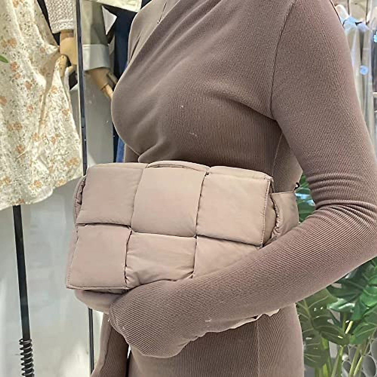 NAARIIAN puffer woven shoulder bag padded cassette handbag with coins organizer nylon light weight women crossbody purse(Khaki)