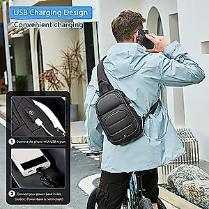 Fenree.geer Crossbody Sling Bag for Men Women, Anti-Theft Lightweight Small Backpack Shoulder Bag, Waterproof Men's Chest Bag for Travel Hiking Walking Biking Cycling USB Port, Black Casual Daypack