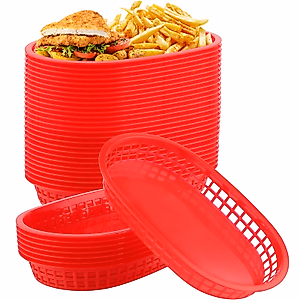 NDSWKR 40 Pack Fast Food Serving Baskets, 10.6 x 7 Inch Plastic Oval Food Baskets, Reusable Deli Baskets for Burgers, Sandwiches, Barbecues, Hot Dog, Chip, BBQ, Picnic, Party (Red)