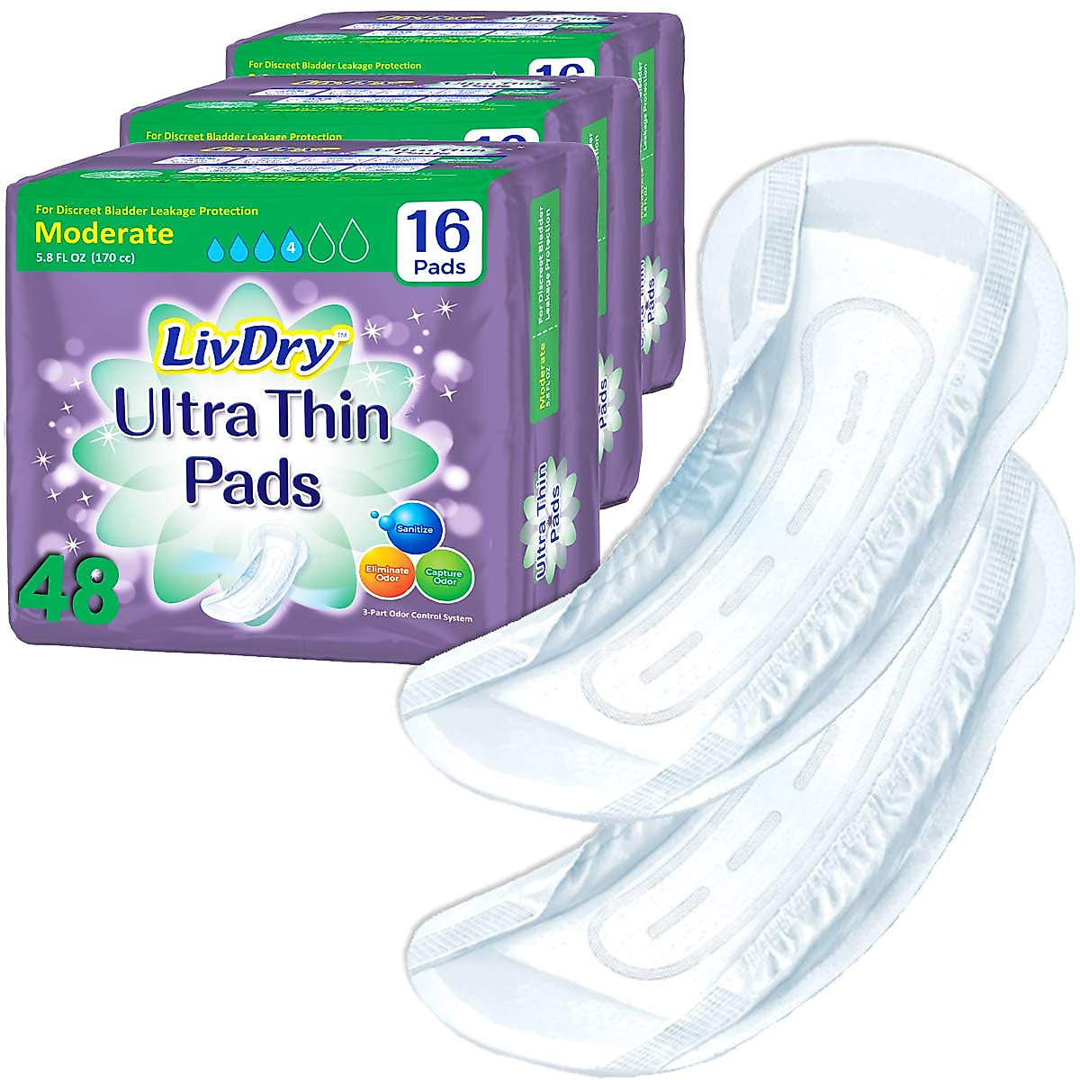 LivDry Incontinence Ultra Thin Pads for Women | Leak Protection and Odor Control | Extra Absorbent (Moderate 48-Count)
