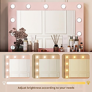 Viaozutis Vanity Desk with Mirror and Light, Large Drawer Power Socket with 11 Light Bulbs, 3 Adjustable Lighting Modes, Bedroom Vanity Table (Pink)