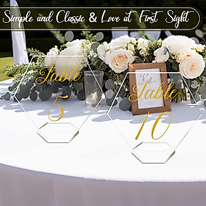 OurWarm Large Acrylic Wedding Table Numbers 1-20, Elegant Gold Printed Calligraphy Place Cards with Stand, Hexagon Multi-functional Clear Acrylic Sign and Holder, Ideal for Wedding Reception Events