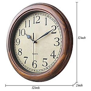 Wood Wall Clock with Retro Design, 12 Inch Round, Big Arabic Numerals, for Living Room Kitchen Classroom Gym and Pool, Brown