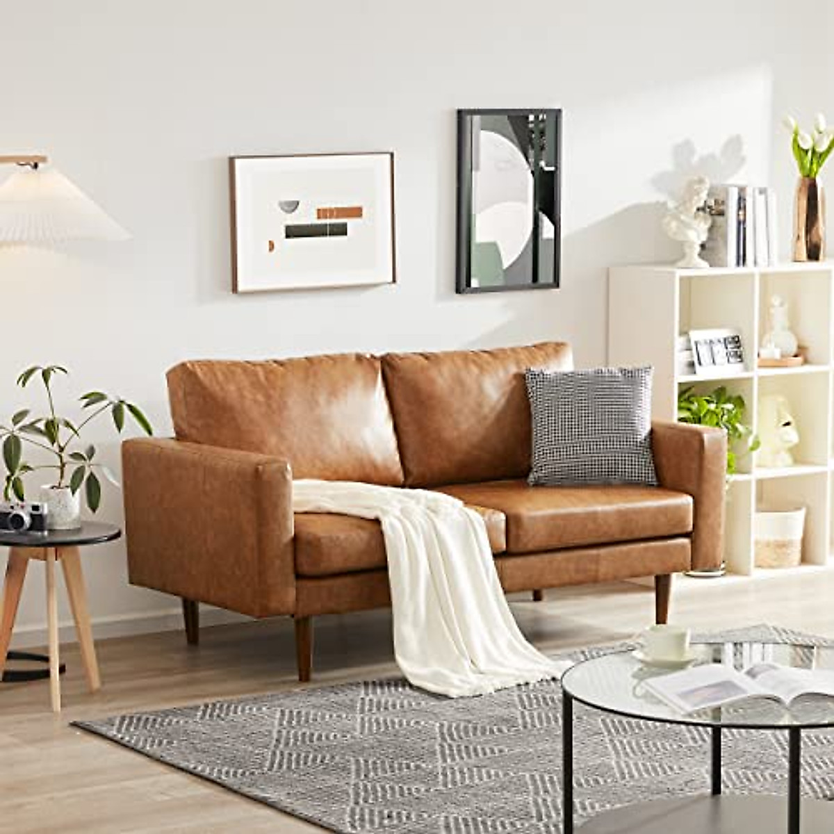 Kingfun 65" W Faux Leather Loveseat Sofa Couch, Love Seat Sofas and Couches for Living Room Bedroom Office and Small Spaces, Mid Century Modern Decor Love Seats Furniture with Solid Wood Leg,Brown