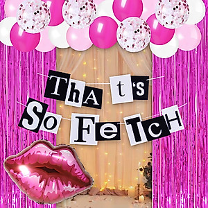 HOMEZZO Mean Girls Party Decorations - That's So Fetch Felt Banner, Hot Pink Tinsel Curtain, Lip Balloon for Y2K Hot Pink Bridal Shower Wedding Girls Birthday Bachelorette Party Supplies