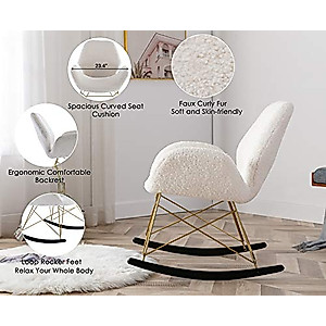 White Rocking Chair Faux Fur Soft Fabric Rocker Chair for Nursery Recliner Lounge Chair Modern Indoor Armchair for Living Room Bedroom