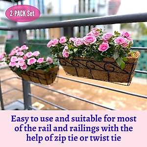 LaLaGreen Wall Planters - 16 Inch, 2 Pack Window Flower Boxes Basket Attach to House, Deck Railing Planters with Coco Liners Outdoor Balcony, Metal English Horse Troughs Fence Patio Porch Over Rail